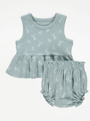Sage Green Floral Ribbed Peplum Top and Bloomers Outfit | Baby | George ...