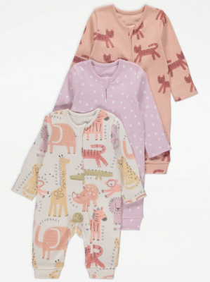 Safari Animal Zip Sleepsuits 3 Pack | Baby | George at ASDA