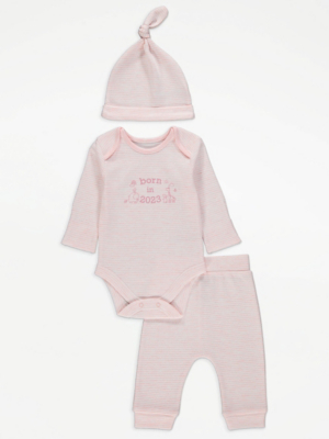 Pink Striped Born in 2023 Bodysuit Leggings and Hat Outfit | Baby ...