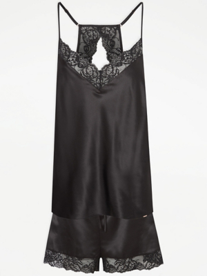 Entice Black Satin Lace Trim Short Pyjamas | Lingerie | George at ASDA