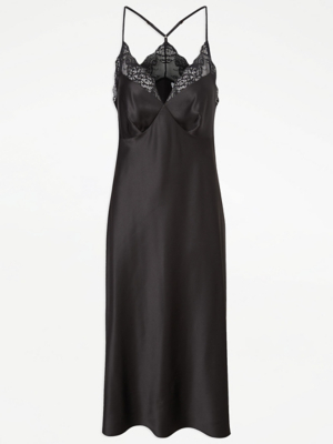 Entice Black Satin Lace Trim Chemise Nightdress | Lingerie | George at ASDA