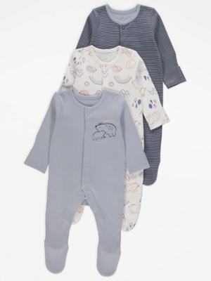 Blue Wildlife Animal Long Sleeve Sleepsuits 3 Pack | Baby | George at ASDA