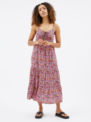 Pink Floral Tie Front Midi Tiered Sundress | Women | George at ASDA