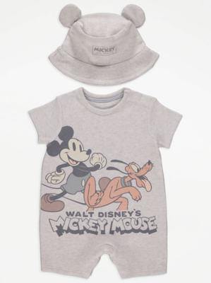 Disney Mickey Mouse Grey Romper and Bucket Hat Outfit | Baby | George ...