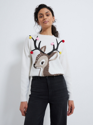 Cream Deer Pom Pom Jumper | Women | George at ASDA