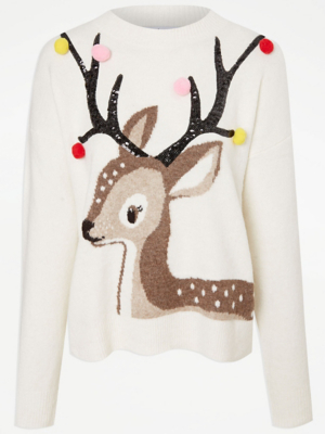 Cream Sequin Reindeer Pom Pom Christmas Jumper | Women | George at ASDA