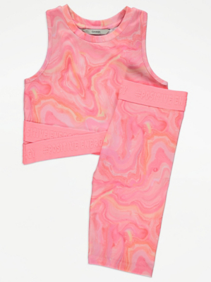 Bright Pink Marble Print Active Top and Cycling Shorts Set | Kids ...
