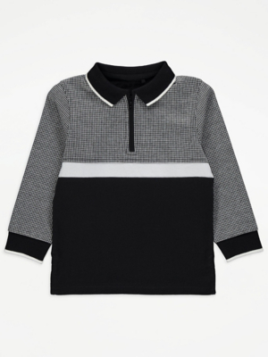 Black Houndstooth Colour Block Long Sleeve Polo Top | Kids | George at ASDA