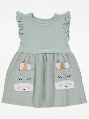 Green Ribbed Unicorn Pocket Dress | Kids | George at ASDA