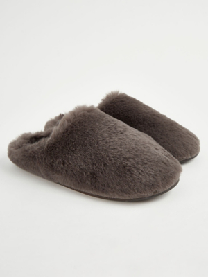 Grey Leopard Faux Fur Full Back Slippers | Lingerie | George at ASDA
