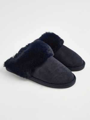 Navy Suedette Fur Trim Mule Slippers | Lingerie | George at ASDA