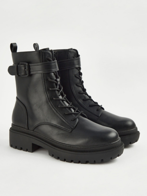 Black Wide Fit Lace Up Buckled Boots | Women | George at ASDA