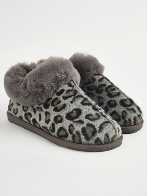 Grey Leopard Faux Fur Full Back Slippers | Lingerie | George at ASDA