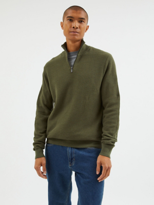 Khaki Knitted Textured Quarter Zip Jumper | Men | George at ASDA