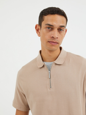 Stone Ribbed Zip Up Polo Top | Men | George at ASDA