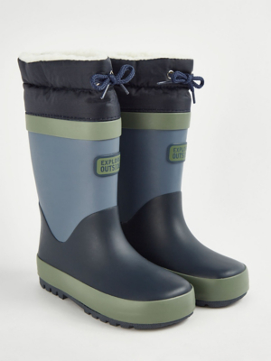 Navy Colour Block Fleece Cuffed Wellington Boots | Kids | George at ASDA