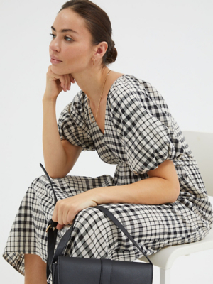 Checked Puff Sleeve Midi Dress and Tan Bag Outfit | George at ASDA
