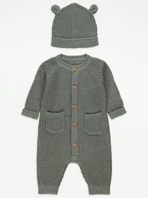 Khaki Knitted All In One and Hat Outfit | Baby | George at ASDA