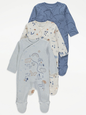 Blue Wildlife Animal Sleepsuit 3 Pack | Baby | George at ASDA