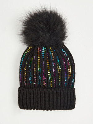 Black Sequin Bobble Hat | Kids | George at ASDA