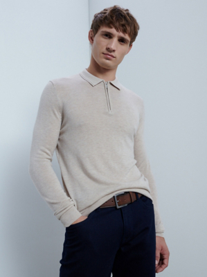 Studio Edit Oatmeal Merino Blend Knitted Polo | Men | George at ASDA