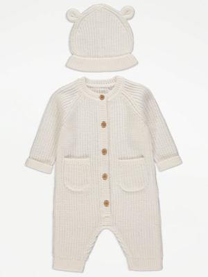 White Knitted All In One and Hat Outfit | Baby | George at ASDA