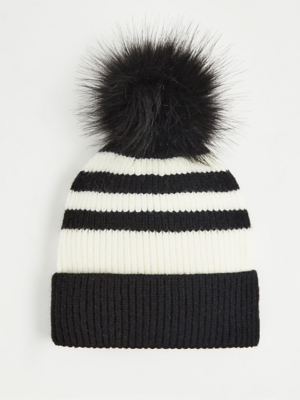 Black Striped Knitted Bobble Hat | Women | George at ASDA