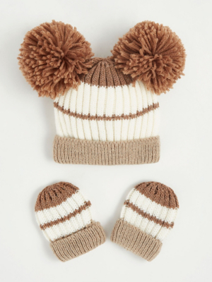 Neutral Colour Block Pom Pom Hat and Mittens | Baby | George at ASDA