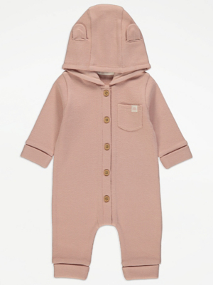 Pink Ribbed Hooded All In One | Baby | George at ASDA