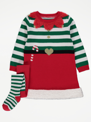 Knitted Elf Christmas Dress and Striped Tights Outfit | Kids | George ...