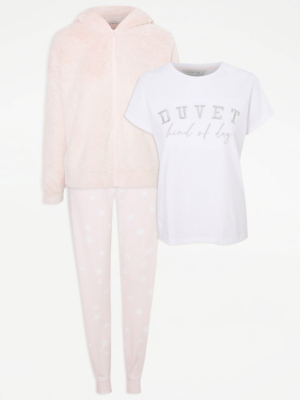 Pink Duvet Day Slogan Pyjamas and Fleece Set | Lingerie | George at ASDA