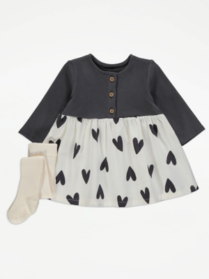 Charcoal Heart Button Up Dress and Tights Outfit | Baby | George at ASDA