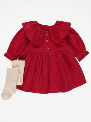 Red Collared Button Up Corduroy Dress and Tights Outfit | Baby | George ...