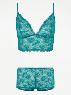 Jade Green Floral Lace Bralette and Knickers Set | Lingerie | George at ...