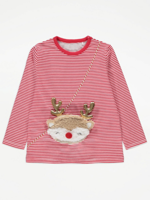 Red Stripe 3D Reindeer Bag Long Sleeve Top | Kids | George at ASDA
