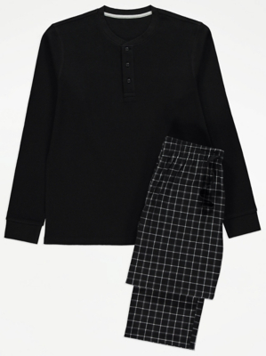 Black Checked Waffle Long Sleeve Pyjamas Gift Set | Men | George at ASDA