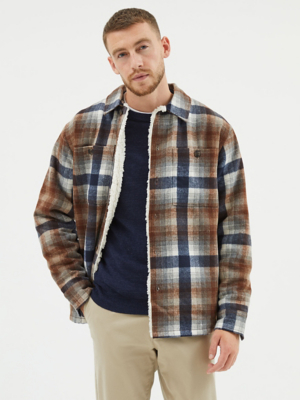 Blue Checked Fleece Lined Shacket | Men | George at ASDA