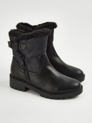 Wide Fit Black Faux Fur Trim Biker Boots | Women | George at ASDA