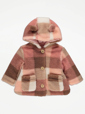 Pink Checked Borg Teddy Coat | Baby | George at ASDA