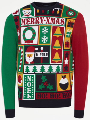 Burgundy Knitted Patchwork Christmas Jumper | Men | George at ASDA
