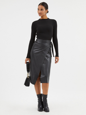 Black Leather Look Wrap Midi Skirt | Sale & Offers | George at ASDA