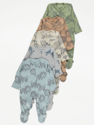 Animal Zip Sleepsuits 5 Pack | Baby | George at ASDA