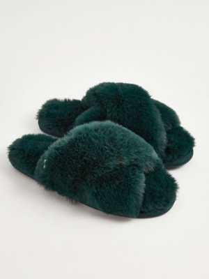 Sage Green Faux Fur Cross Over Slider Slippers | Lingerie | George at ASDA