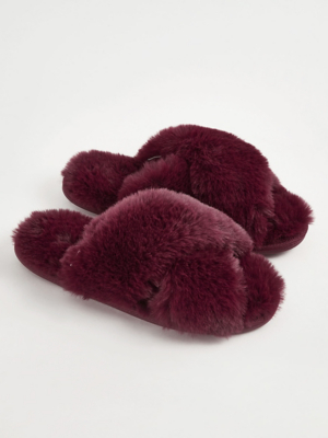 Burgundy Faux Fur Slider Slippers | Lingerie | George at ASDA