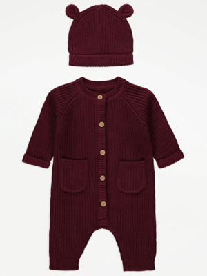 Burgundy Knitted All In One and Hat Outfit | Baby | George at ASDA
