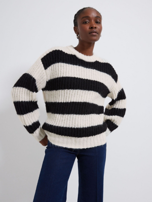 Black Fluffy Wide Stripe Chunky Knitted Jumper | Women | George at ASDA