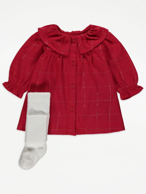 Red Gold Checked Dress and Tights Outfit | Baby | George at ASDA