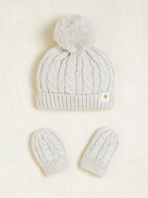 Billie Faiers Neutral Knitted Pom Pom Hat and Mittens Set | Baby ...