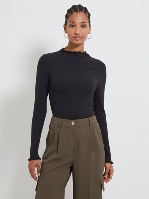 Black Ribbed Lettuce Edge Long Sleeve Top | Women | George at ASDA