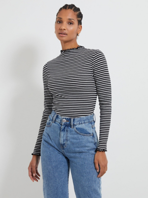 Black Striped Ribbed Lettuce Edge Long Sleeve Top | Women | George at ASDA